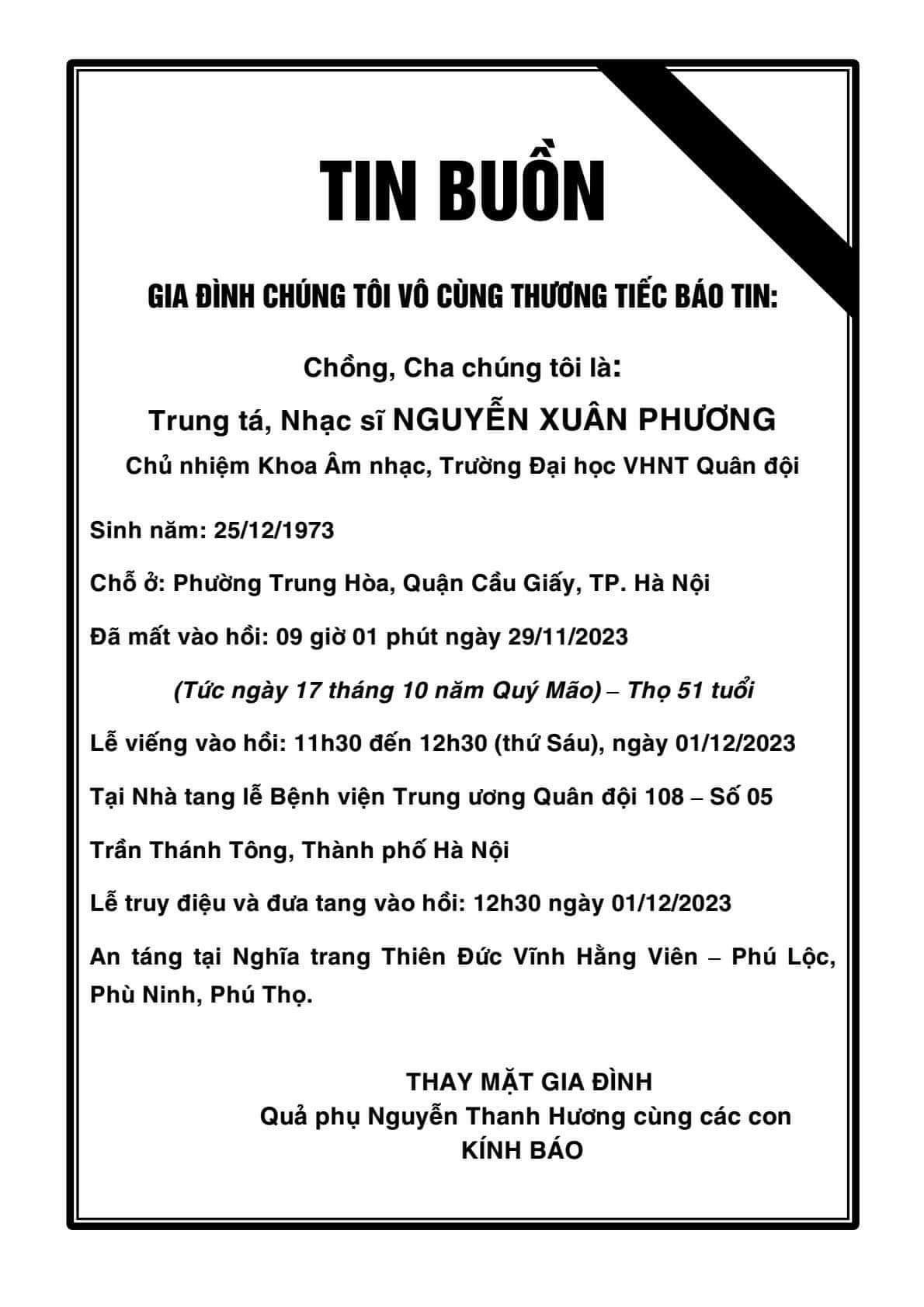 Thông tin tang lễ nhạc sĩ Xuân Phương - Saostar.vn